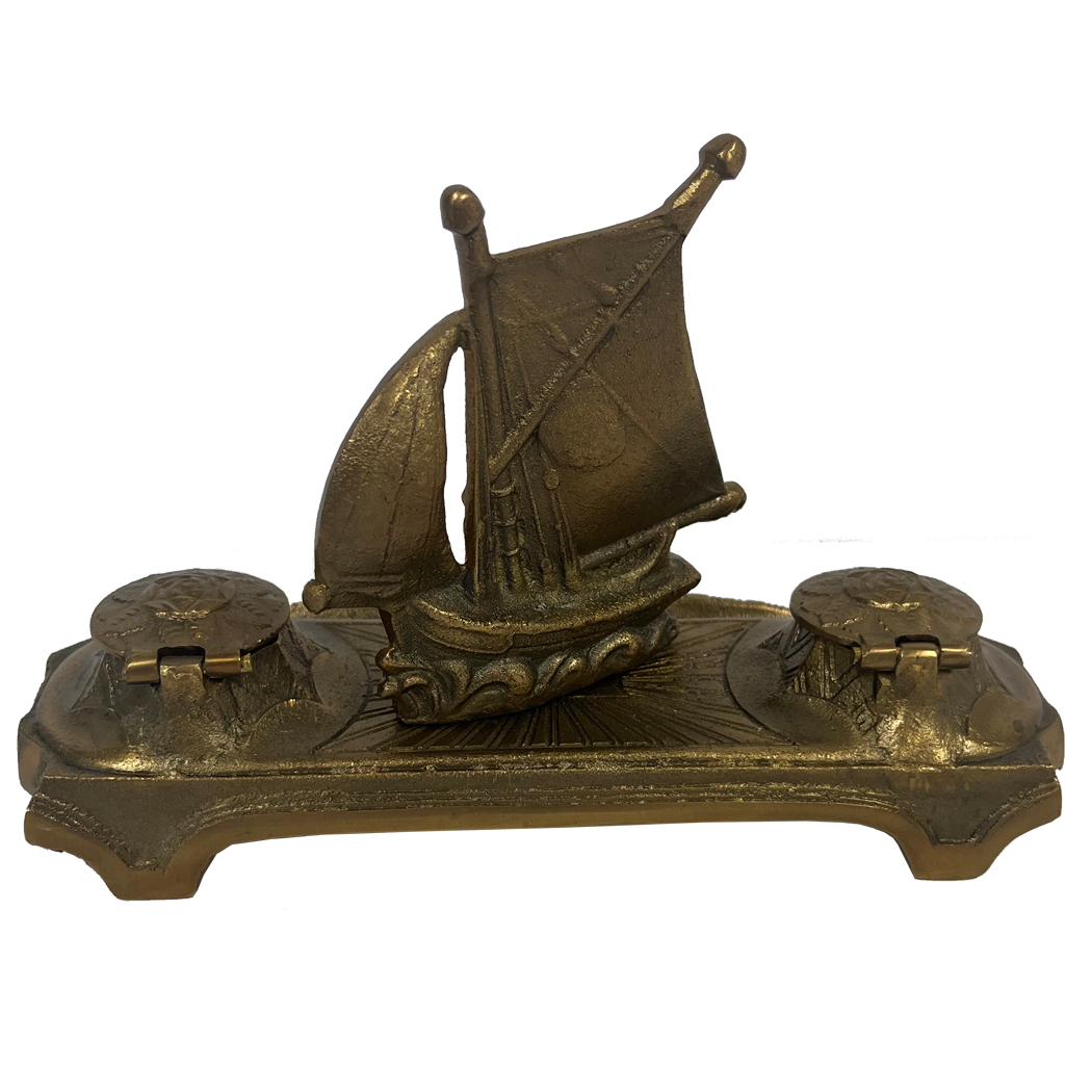 7-3/4″ Antiqued Brass Ship Inkwell Stand w/ Brass Cups – Madison Bay ...