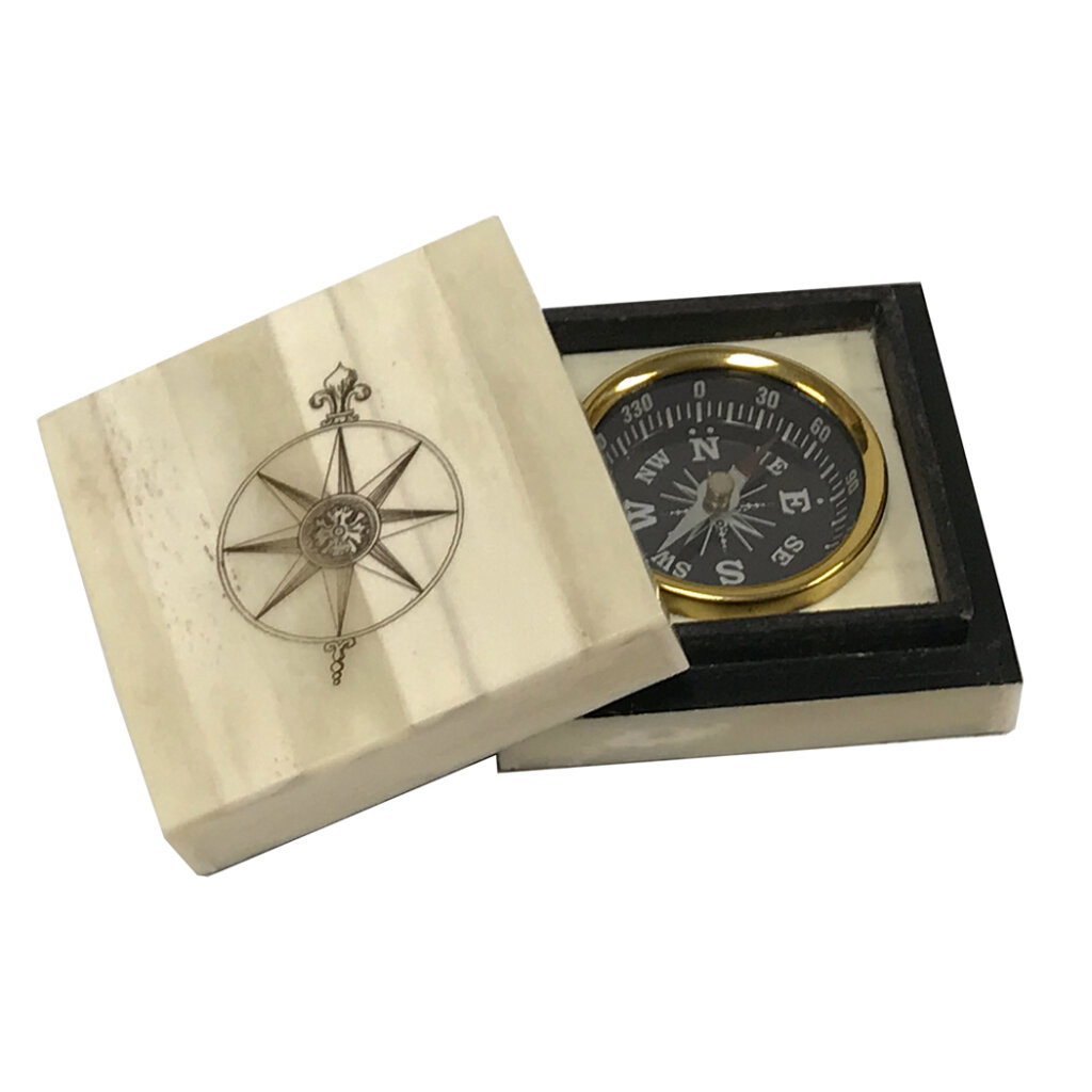 Compass Rose Engraved Scrimshaw Compass Bone Box with Inlaid Brass ...